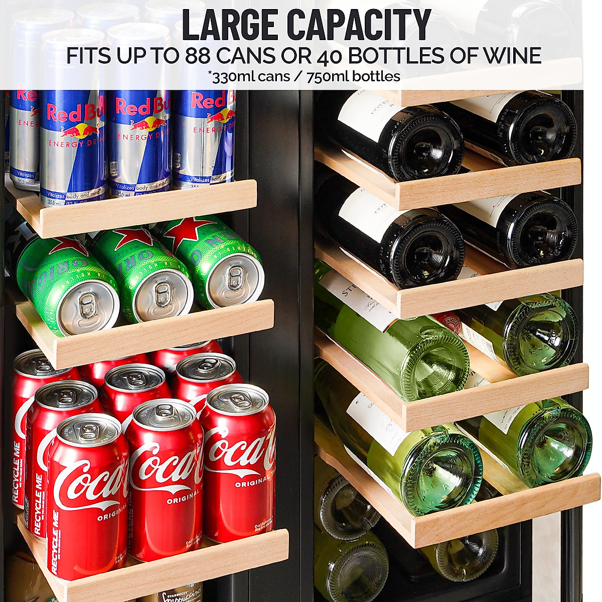 Zulay 24” Dual Zone Wine Cooler Refrigerator - Stainless Steel Beverage Refrigerator with Glass Doors for 88 Cans & 40 Bottles - Freestanding Memory Temperature Control Wine & Beverage Cooler