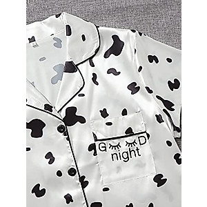 WDIRARA Women's Sleepwear Cow Print Satin Short Sleeve Shirt and Shorts Pajama Set Black and White L
