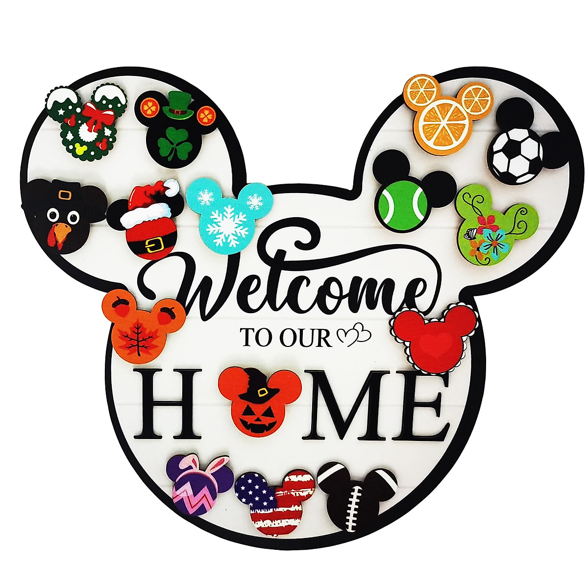 Cute Mouse Interchangeable Welcome Sign for Front Door 16pcs Seasonal Welcome to Our Home Wooden Hanging Sign Farmhouse Porch Plaques for Halloween Christmas Wall Home Decor Gifts