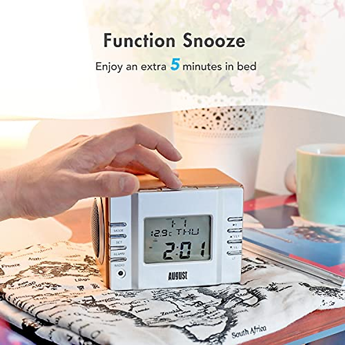 August MB300 Mini Wooden MP3 Stereo System and FM Clock Radio, with Card Reader, USB Port & AUX Jack (3.5mm Audio In), 2 x 3W Powerful Hi-Fi Speakers and Built-in Rechargeable Battery