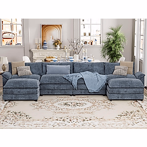 YESHOMY Sectional Modular Sofa U Shaped Chenille Fabric Couch with High Supportive & Soft Sponges and Removable Ottoman, Sleeper Comfy Upholstered Furniture for Living Room, Blue