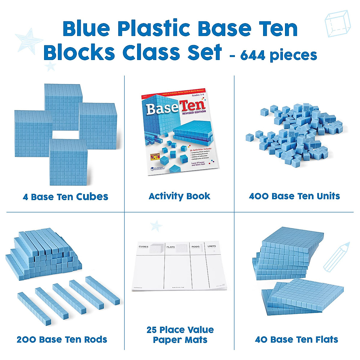 hand2mind Blue Plastic Base Ten Blocks Complete Set, Place Value Blocks, Counting Cubes for Kids Math, Base Ten Blocks Classroom Set, Math Blocks Kindergarten, Base 10 Math Manipulatives (Set of 644)