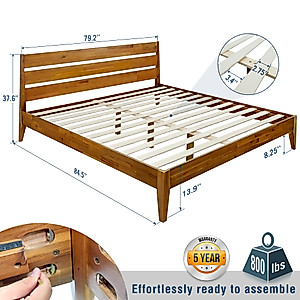 Acacia Emery Bed Frame with Headboard 100% Solid Wood Platform Bed, Mid Century Modern Wood Bed Compatible with All Mattresses, Non-Slip and Noise-Free, 30 Mins Assembly, King Size Bed Frame, Caramel