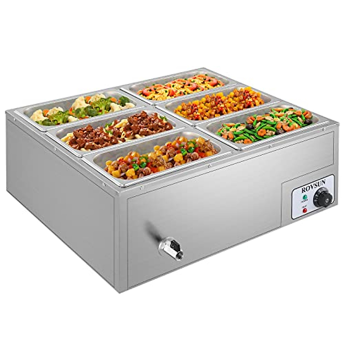 ROVSUN 42.3QT 1200W Electric Commercial Food Warmer, 6-Pan Steam Table 6.9 QT/Pan Stainless Steel Bain Marie Buffet Countertop with Temperature Control & Lid for Parties, Catering, Restaurants 110V