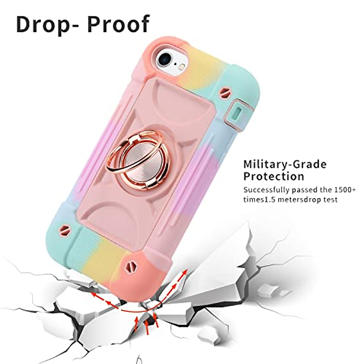 MARKILL Compatible with iPhone Se3/iPhone Se2,iPhone 6/6S Case,iPhone7/iPhone8 Case 4.7 Inch with Ring Stand, Heavy-Duty Military Grade Shockproof Phone Cover. (Rainbow Pink)