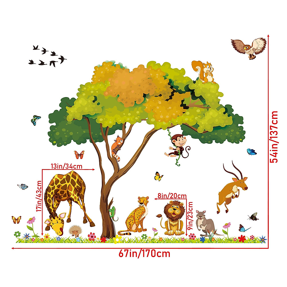 Jungle Animal and Tree Wall Decals Removeable DIY Flower Lion Giraffe Owls Wall Sticker Peel and Stick Wall Decor for Nursery Kids Room Bedroom Living Room