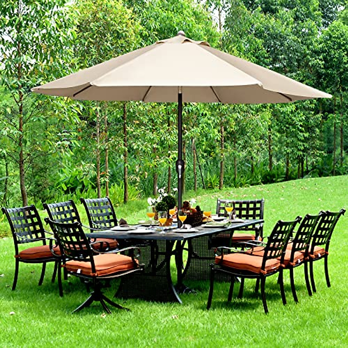 Trenovo 7.5 FT Patio Umbrella - Outdoor Table Umbrella with Push Button Tilt and Crank, UV Protection & 6 Reinforced Ribs Waterproof Market Umbrella for Garden, Lawn, Deck, Backyard, Pool（Tan）