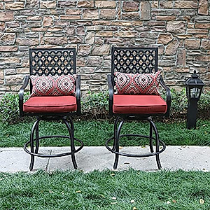 PHI VILLA Outdoor Swivel Bar Stools Set of 2, 27.5" Bar Height Patio Chairs with Red Seat Cushion, Extra Wide Bar Stools with Armrest & Back, Coating Old Craft (Pillow Included)