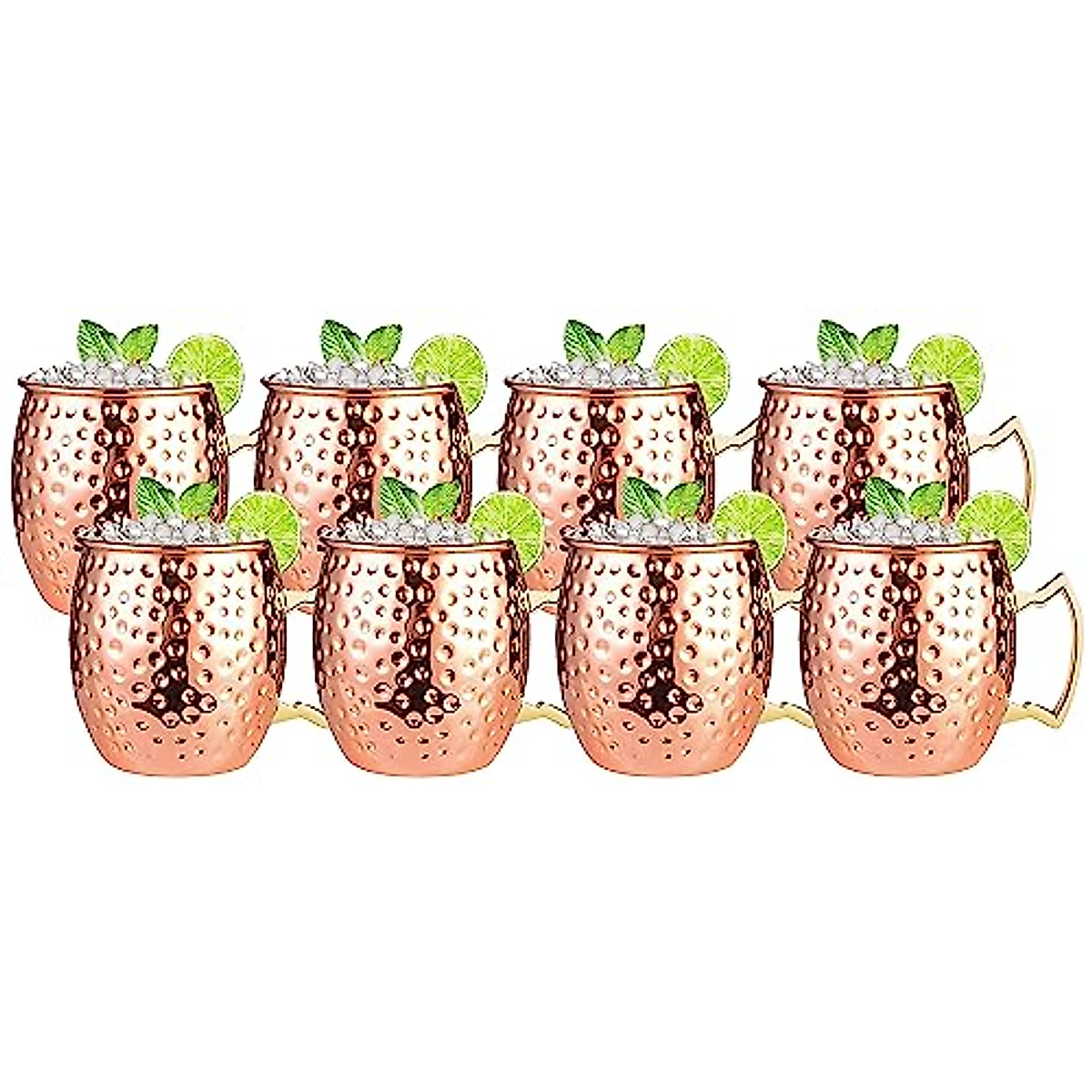 Moscow Mule Mugs Set of 8 | Large Size 19 ounces | Stainless Steel Lining Copper Hammered Cups | | Pure Copper Plating | Gold Brass Handles Gift Pack…