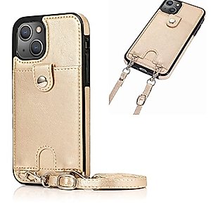 Jaorty Phone Case for iPhone 14 with Card Holder for Women Men,iPhone 14 Crossbody Cases with Strap Lanyard for Girl,PU Leather Anti-Lost Strap Case for iPhone 14 6.1",Gold