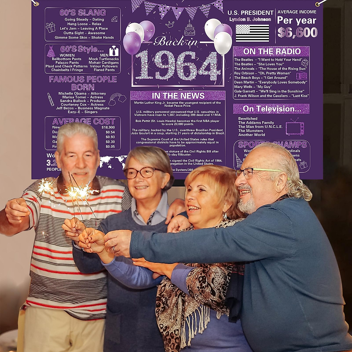 Crenics Purple 60th Birthday Decorations for 1964, Back in 1964 Birthday Backdrop Banner 5.9 x 3.6 Ft, 60 Years Old Birthday Party Supplies for Women