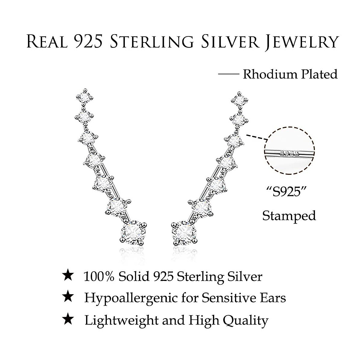 Reffeer 925 Sterling Silver 7 Crystals Ear Cuffs Earrings Climber Wraps for Women Crawler Earrings (A-Silver)