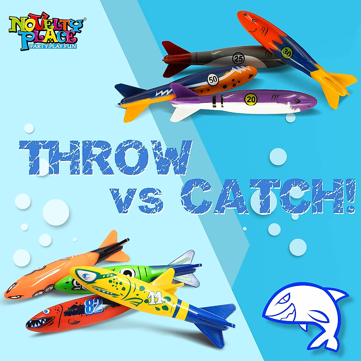 Novelty Place 8 Pack Torpedo Bandits Diving Toy Rockets - Swimming Pool Underwater Game for Kids and Adults - Shark Design 8 Colors