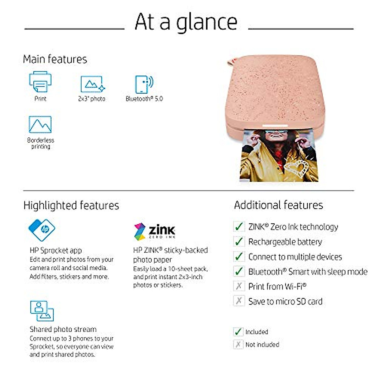 HP Sprocket Portable 2x3" Instant Color Photo Printer (Blush) Print Pictures on Zink Sticky-Backed Paper from your iOS & Android Device.