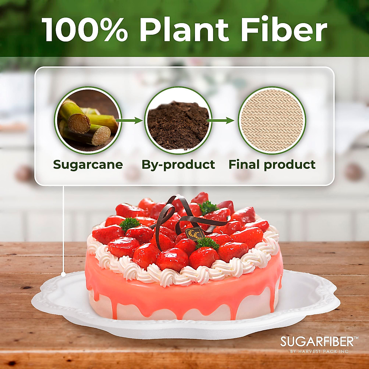 SUGARFIBER 10-inch Compostable Disposable Paper Plates, White Floral Acanthus Collection [50 COUNT]