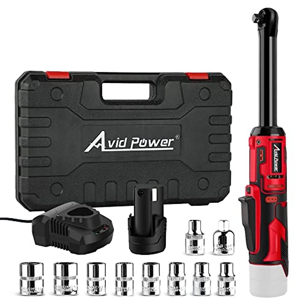 AVID POWER 3/8" Extended Cordless Electric Ratchet Wrench, 60N.m(44.2 Ft-lbs) 12V Power Ratchet Wrench Kit, Variable Speed Trigger, 10 Sockets & 2.0Ah Li-Ion Battery
