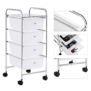 Yaheetech 4 Drawers Rolling Storage Cart and Organizer Metal Frame Plastic Storage Bins with Drawers Plastic Trolley Organizer on Wheels Plastic Craft Storage Container Rolling Bin Set 2, White
