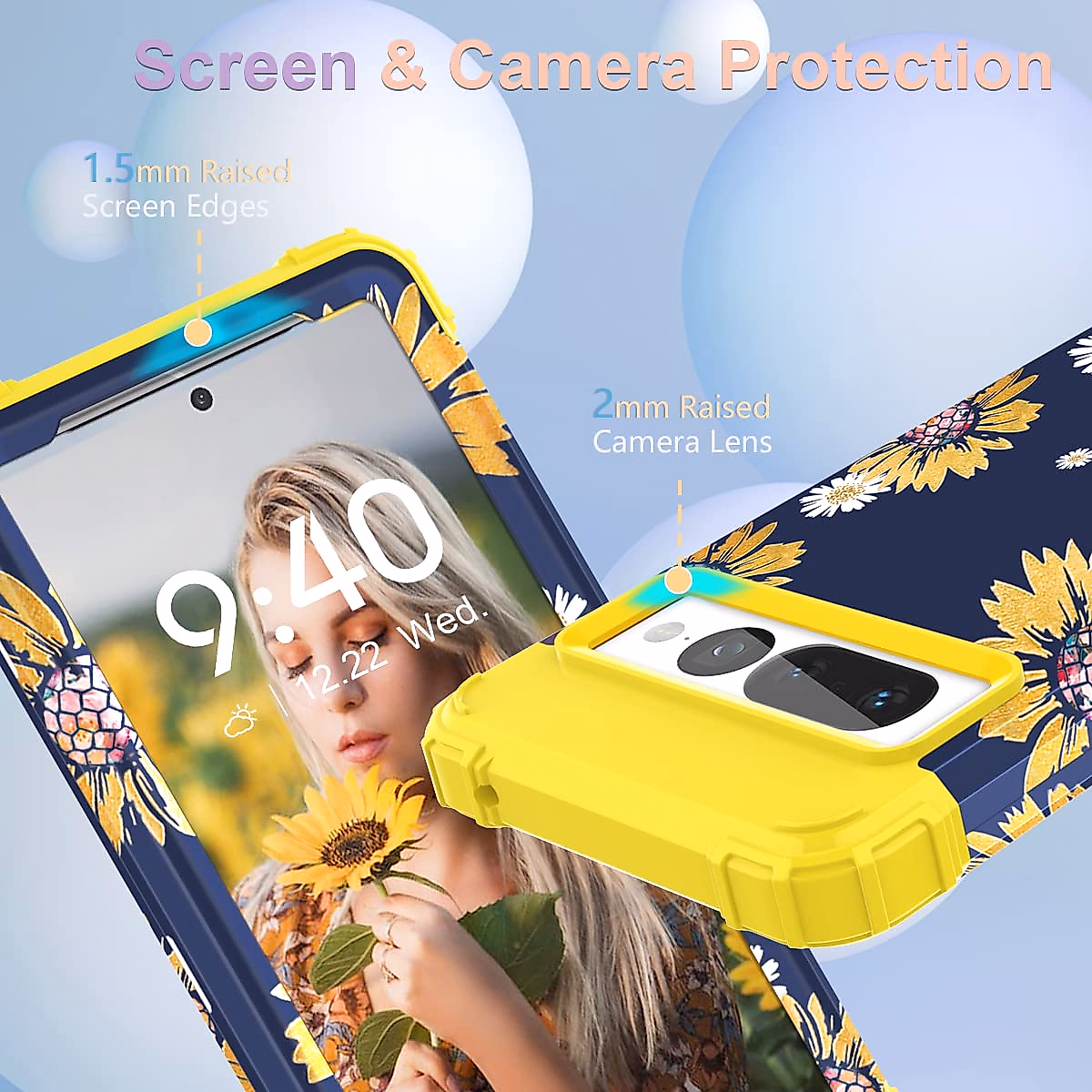 Fingic Pixel 7 Pro Case, Heavy Duty Protection, Sunflower Design, Yellow, for Google Pixel 7 Pro