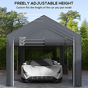 Outsunny Carport 10' x 20' Portable Garage, Height Adjustable Heavy Duty Car Port Canopy with 4 Ventilated Windows & 4 Roll-up Doors for Garden Tools, Car, Truck, Boat, Dark Gray