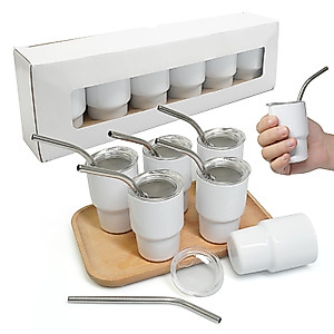 S-SNAIL-OO Mini Tumbler Shot Glass with Straw, Sublimation Double layer metal Cute Shot Glasses Set 3oz with Lids for drinks, coffee, cocktails. (6PC S-White)