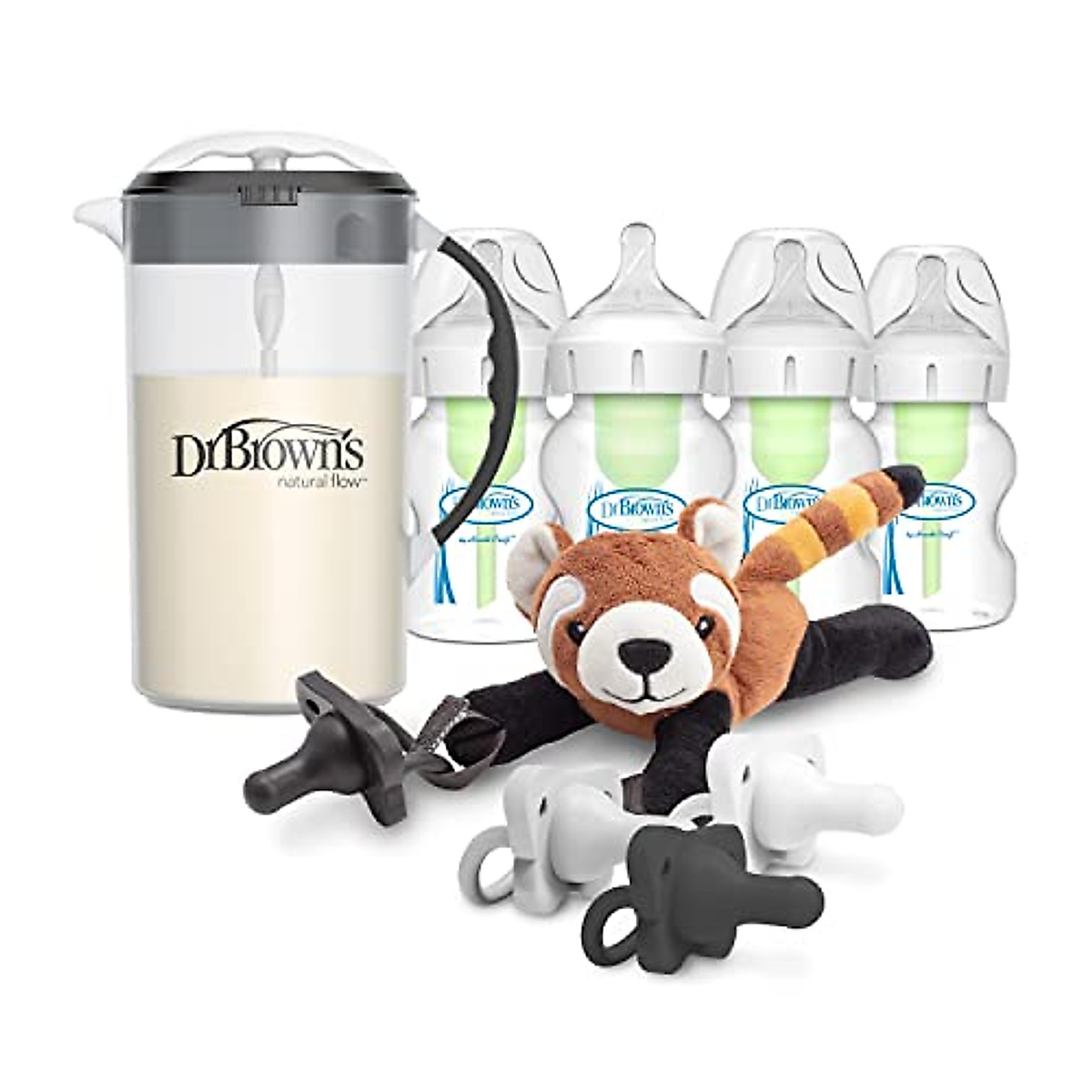Dr. Brown’s Wide-Neck Baby Bottles 5 oz/150 mL, 4 Pack, with HappyPaci Pacifiers, Lovey Pacifier Holder, and Formula Mixing Pitcher, Black