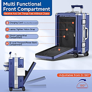 SOMODE Airline Approved Carry On Luggage with Spinner Wheels,Aluminum Framed Carry On Suitcase with Front Laptop Compartment/Cup Holder,22×14×9 inch Checked-in Luggage with Flexible Handle (Blue)