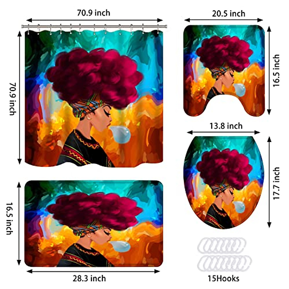 Classic African American Shower Curtains for Bathroom, 4PCS Bathroom Sets Include 1 Fabric Shower Curtain, 2 Non-Slip Bathroom Rugs and 1 Toilet Lid Cover, Black Girl Bathroom Decor (Red)