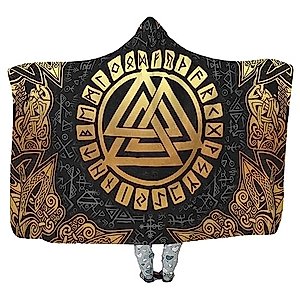 Norse Mythology 3D Printed Hooded Blanket Warm Soft Valhalla Celtic Knot Rune Unisex Winter Wearable Hooded Blanket Double Thick Plush Wool Blanket Cape ( Color : Blanket , Size : 80x60in/150x200cm )