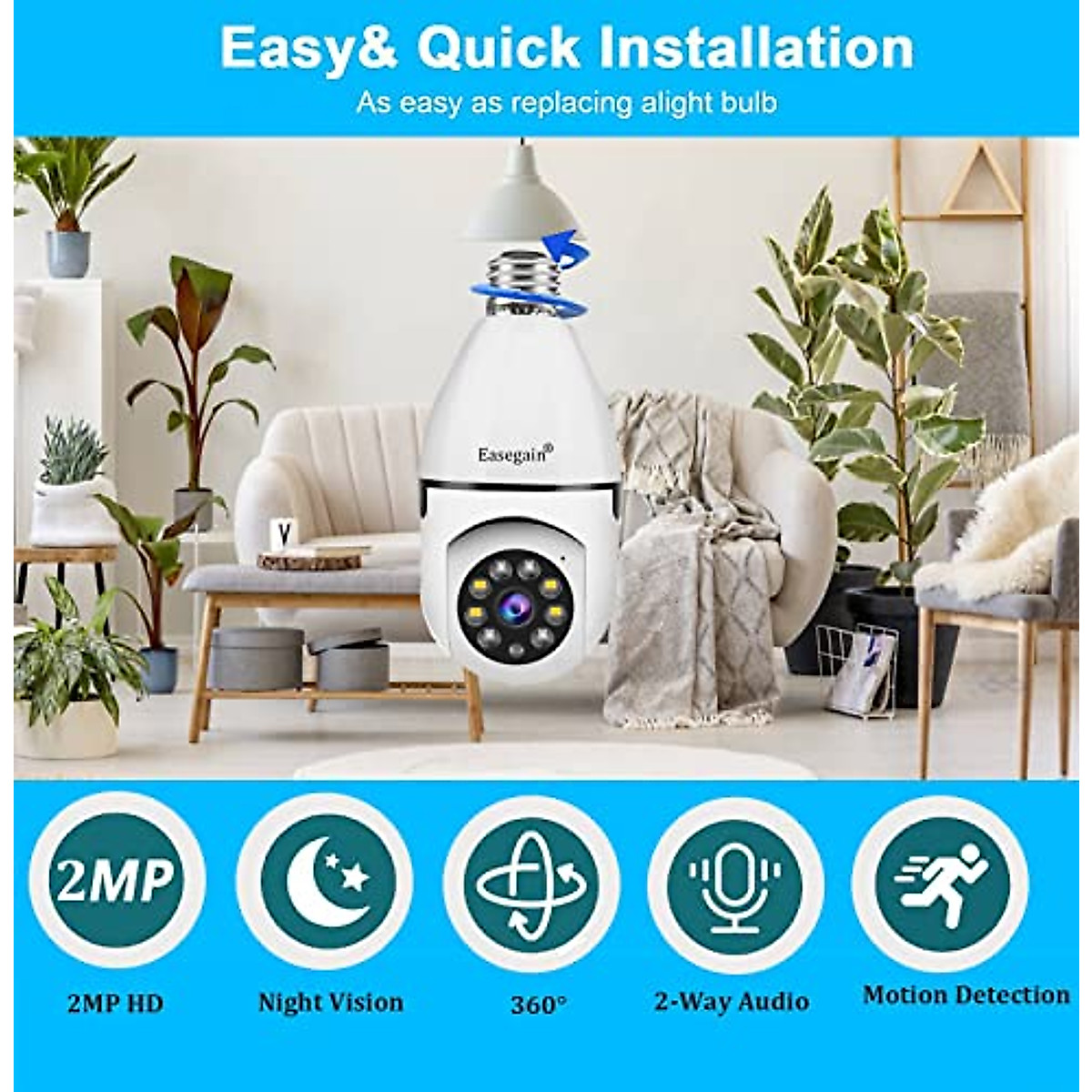 Light Bulb Camera,360° Light Bulb Security Camera,2.4GHz Smart Wireless WiFi 1080P HD Security Camera for Indoor- Outdoor with Motion Detection and Alarm Night Vision