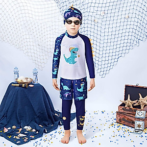 WAWSAM Toddler Dinosaur Swimsuit Kids Bathing Suit Dinosaur Boys Rash Guard with Hat Quick Dry Long Sleeve Swimwear Infant Swim Truck Rashguard Set for Swimming Beach Pool Vacation