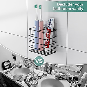 Oasiteege Adhesive Toothbrush Holder Wall Mounted, Suction Cup Toothpaste Organizer for Shower, Hanging Razor Tooth Brush Holder Storage Caddy with Drainage, Black Bathroom Accessories and Decor