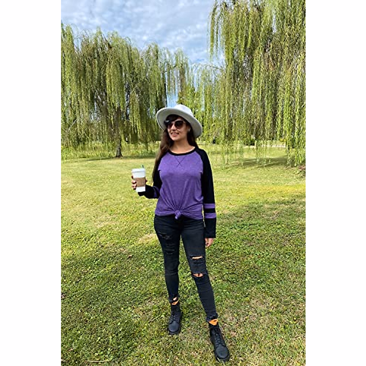 Heymiss Womens Shirts Long Sleeve Color Block Casual Work Out Tunic Tops Sexy Basic Oversized Tshirt Purple Black XXL