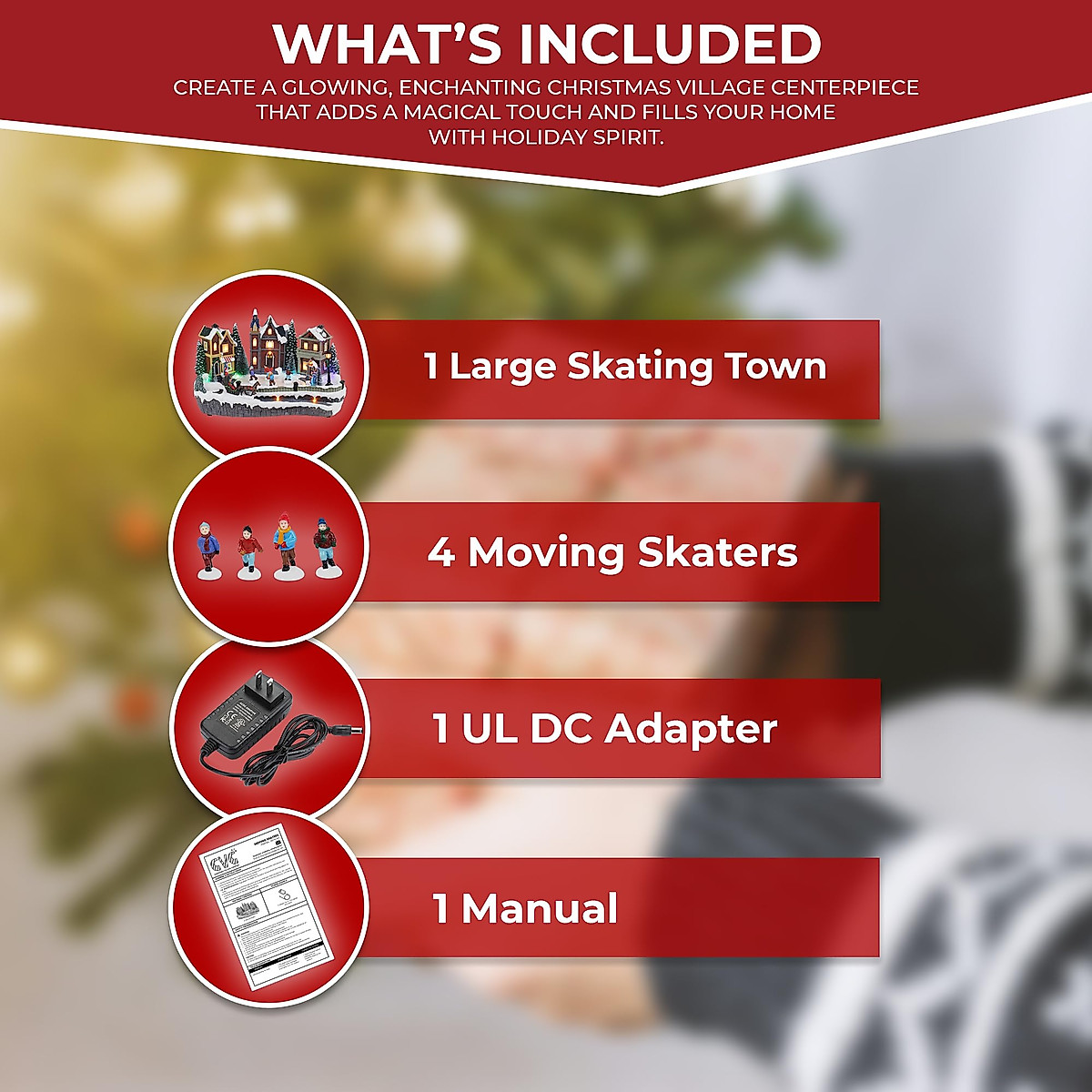 Large Animated Christmas Village Skating Town - Lighted Resin Musical Snow Scene with 4 Moving Skaters and Adapter