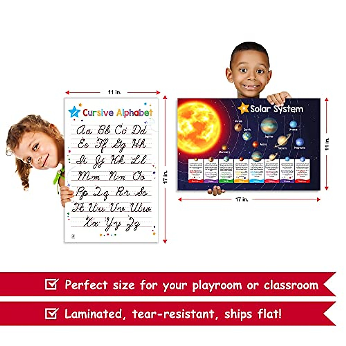 26 Set of 50 Educational Posters for Kids - Multiplication Chart, Alphabet, Periodic Table, Solar, USA, World, Map, Sight Words, Homeschool Supplies, Classroom Decorations - Laminated & Flat, 17x11
