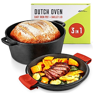 Cast Iron Dutch Oven Pot with Lid, 3-in-1, 5 Quart Cast Iron Dutch Oven with Cast Iron Skillet Lid, Cast Iron Pot with Lid, Preseasoned Cast Iron Pots and Pans Set, RV or Lodge Camping Cast Iron Set