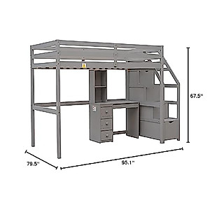 ODC Twin Over Twin Bunk Bed with Desk,Multifunctional Twin Size Loft Bed with a Platform Twin Bed and Storage Staircase, Solid Wood Loft Bed Frame with Shelves/Drawers for Kids Teens Adults