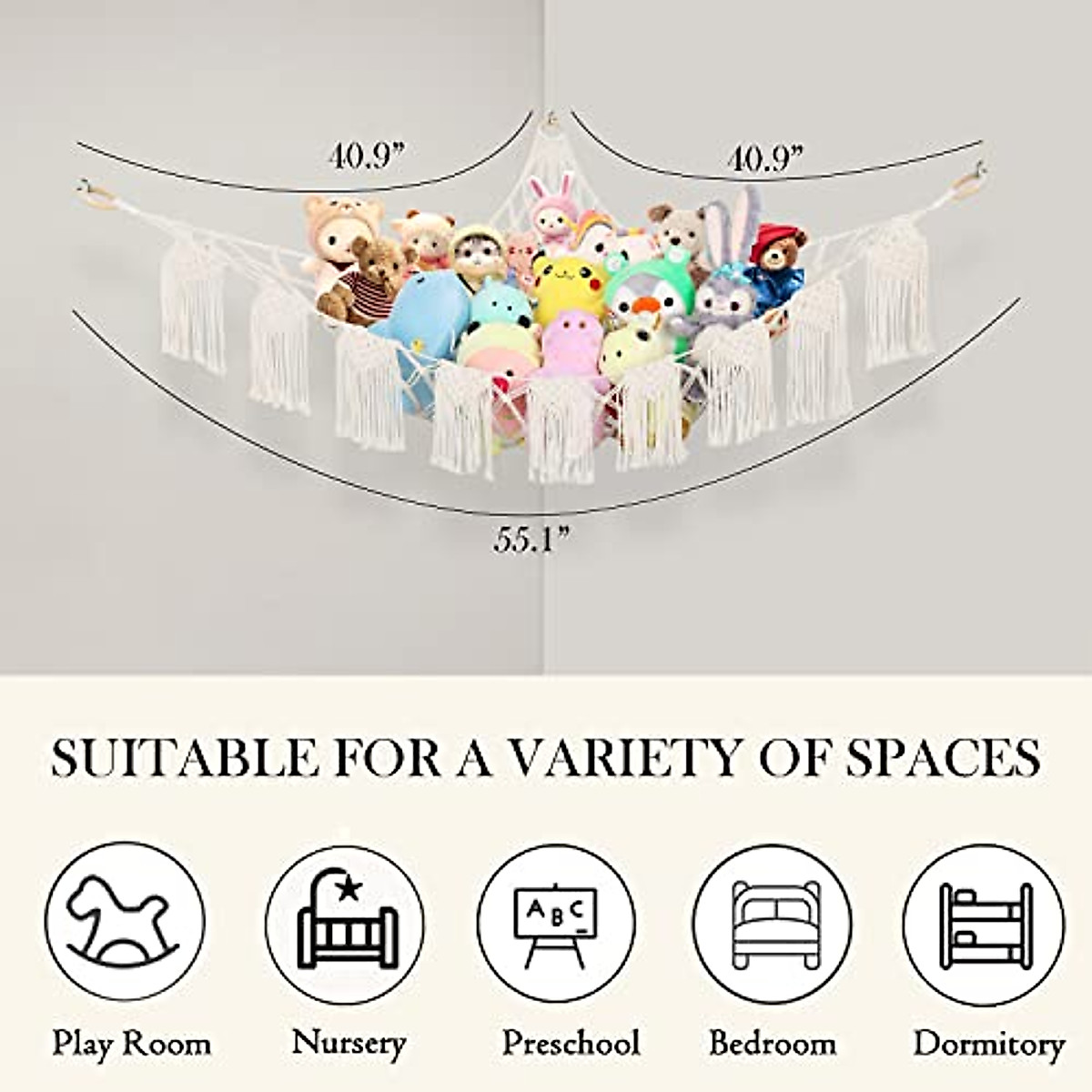 Zeesa Stuffed Animal Net or Hammock, Boho Hanging Net Storage with Macrame, Corner Toy Net Holder for Plush Toys Display, Beige