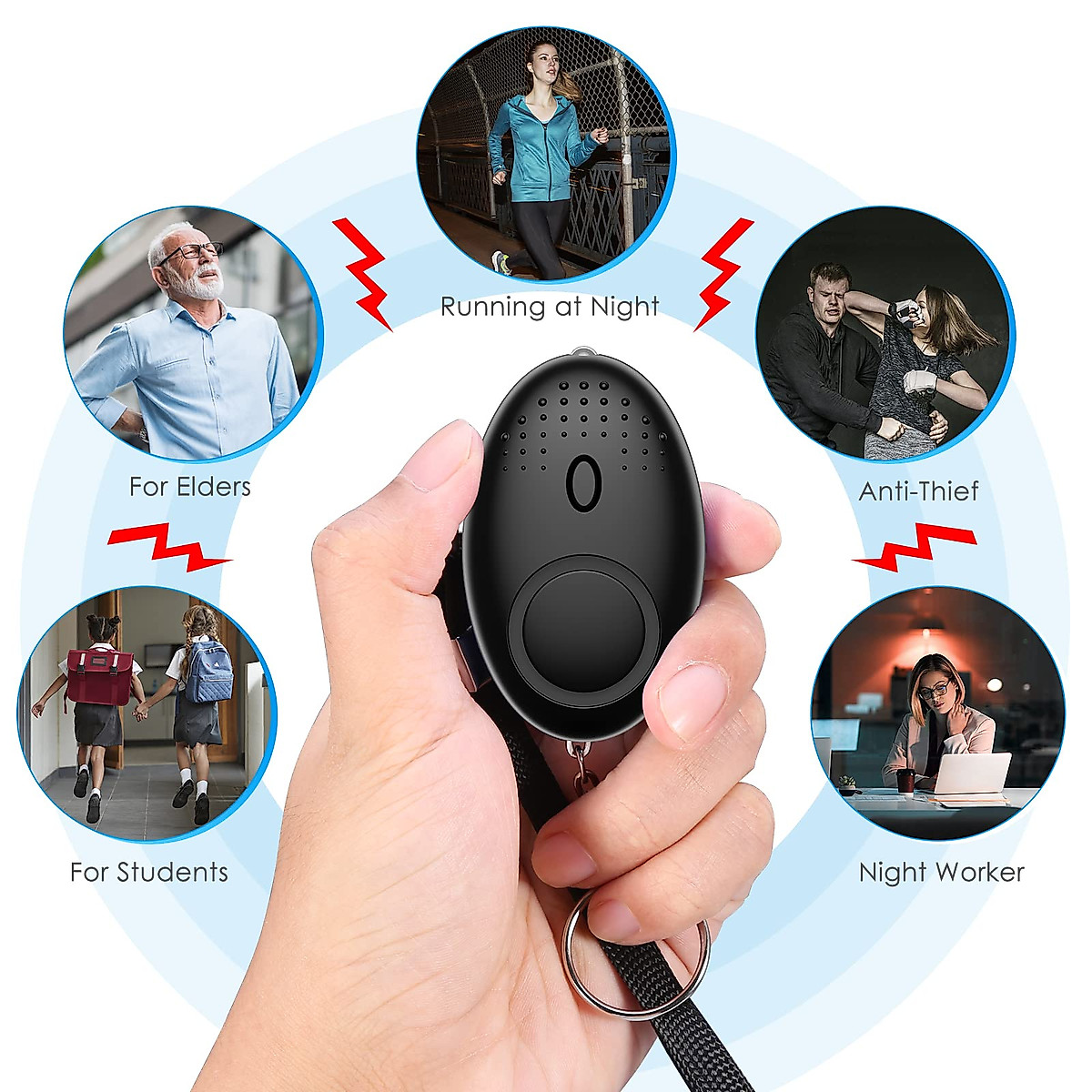 AMIR Safety Keychain Set for Women with Personal Safety Alarm, No Touch Door Opener, Whistle & Pompom - Safety Keychain Accessories 10 Pcs Set for Girls & Kids, Black