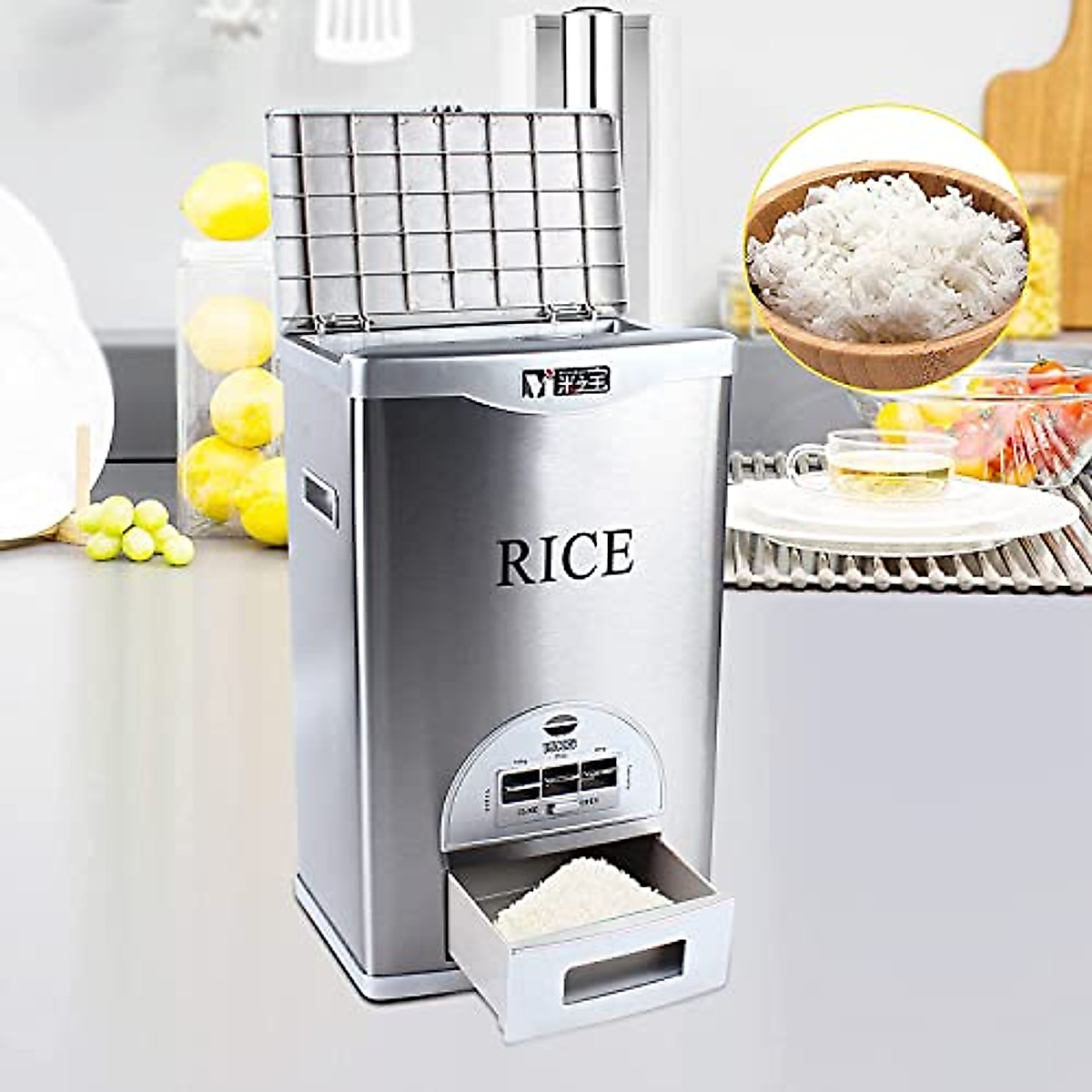 DNYSYSJ Stainless Steel Rice Dispenser, Automatic Rice Container Storage Box Countertop Rice Organization Food Dispenser for Home Kitchen (15KG Capacity, Silver)