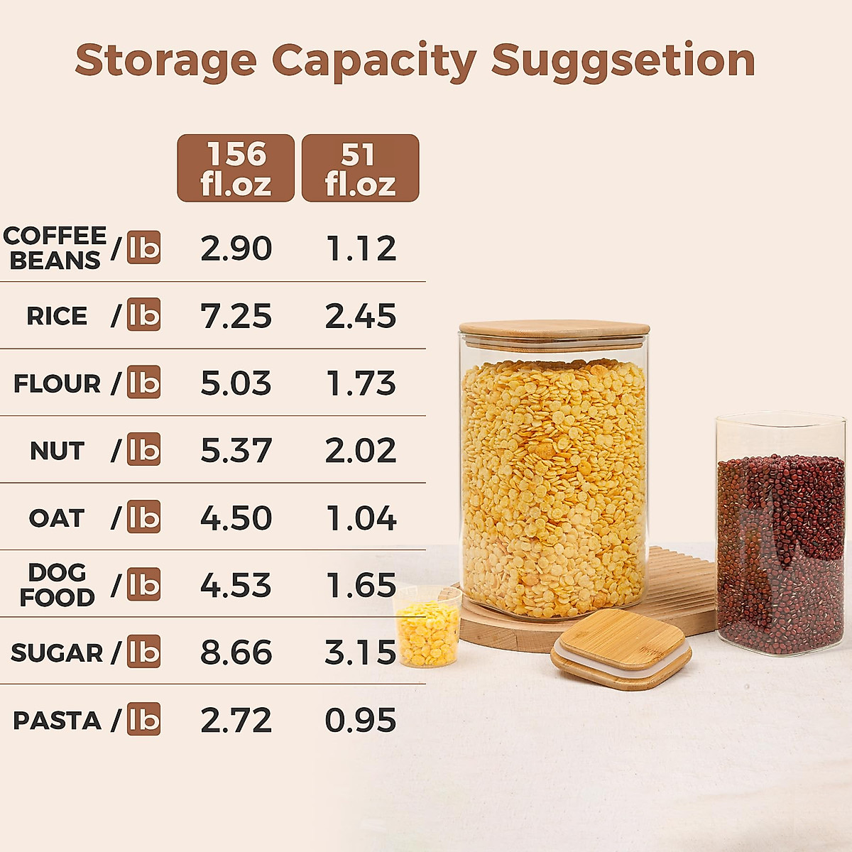 ComSaf Glass Pantry Storage Containers, 156/51 oz Large Square Flour and Sugar Containers with Airtight Lids, Gallon Glass Jars with Bamboo Lids for Rice, Pasta, Cookies, Coffee Beans