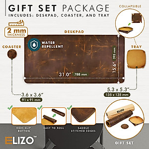 ELIZO Real Leather Desk Mat Set (32x16) Large Desk Cover Blotter Protector Computer Gaming Mouse Pad Table Laptop Office Desktop Accessories Antique 2mm