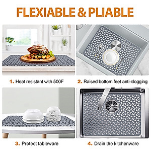 JUSTOGO Silicone Sink Protector, Rear Drain Kitchen sink mat Grid Accessory, 1 PCS Grey Non-slip Heat Resistant sink mats for Bottom of Farmhouse Stainless Steel Porcelain Sink (19.25 ''x 14 '')