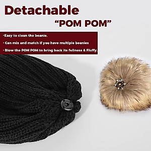 Winter Beanie Hat Scarf Gloves Set for Women, Womens Beanie Hat with Detachable Pom Pom Scarf Neck Warmer Touchscreen Gloves 3 in 1 Set（Black）