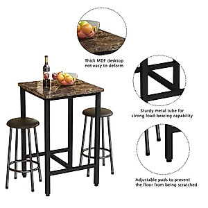 AWQM 3 Piece Dining Table Set Bar Table and Chairs Set for 2 Faux Marble Kitchen Counter Height Dining Table Set with 2 Padded Stools 3-Piece Modern Pub Table Set, Marble Brown, 23.6"