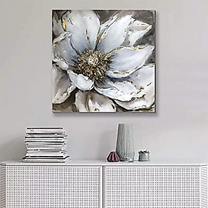 Wallpaint - Black and White Flower Wall Art with Texture and Gold Foil, Elegant Blooming Floral Picture Canvas Wall Decor for Living Room Bedroom - 30"x30"