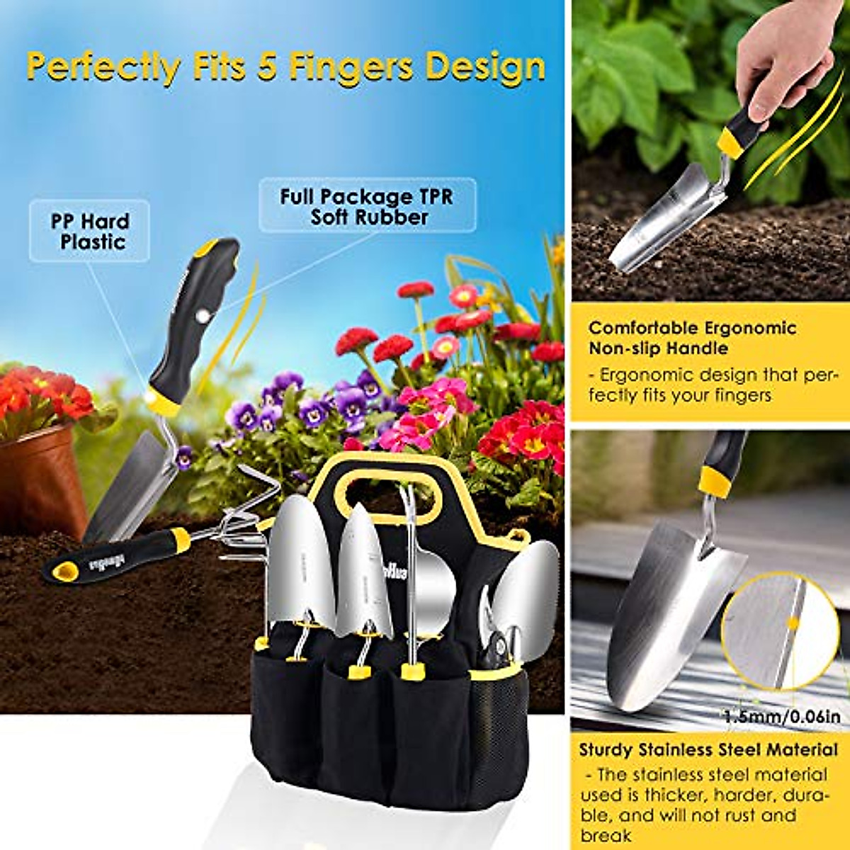 hOmeHua Garden Tools Set, 8 Piece Stainless Steel Heavy Duty Gardening Kit with Ergonomics Soft Rubberized Non-Slip Handle, Tote Bag, Gloves, Trowel, Weeder Tools - Garden Gifts Packing for Men Women