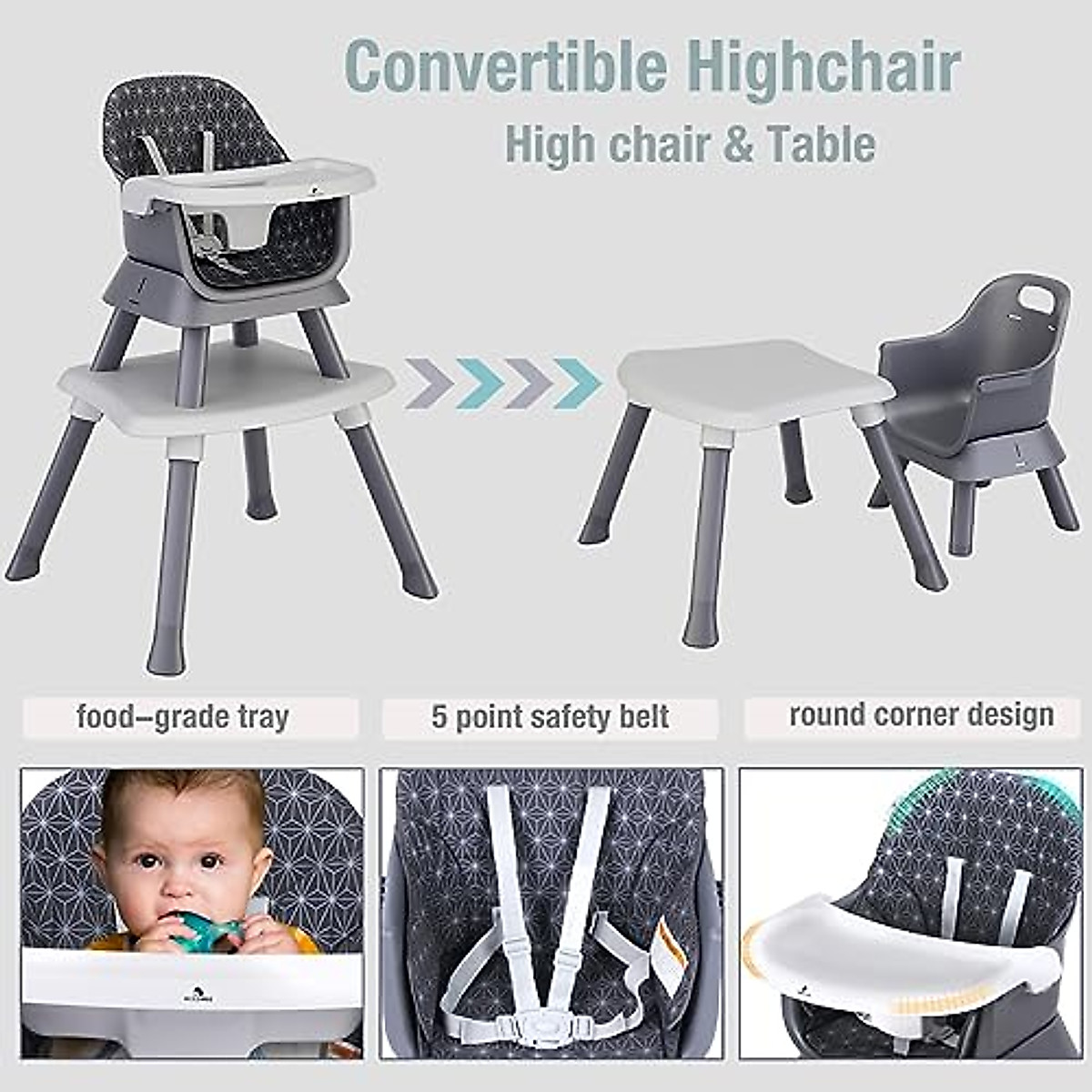 Accombe High Chair 7 in 1 Baby High Chairs for Babies and Toddlers Booster Seat for Dining Table, Convertible Baby Eating Chair Adjustable Plastic Highchairs for Baby Boy Girl, Sit up Floor Chair