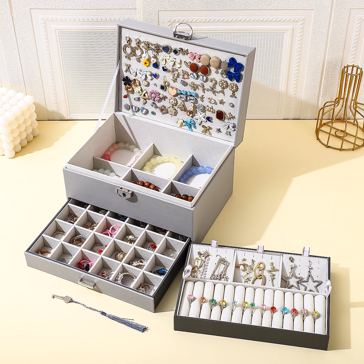 BOOVO Earring Jewelry Box For Women Girl Stud Organizer, 5 Layers Girl Jewelry Organizer Box With Lock Earring Holder Organizer Necklace Ring Jewelry Organizer Box For Girls (grey)