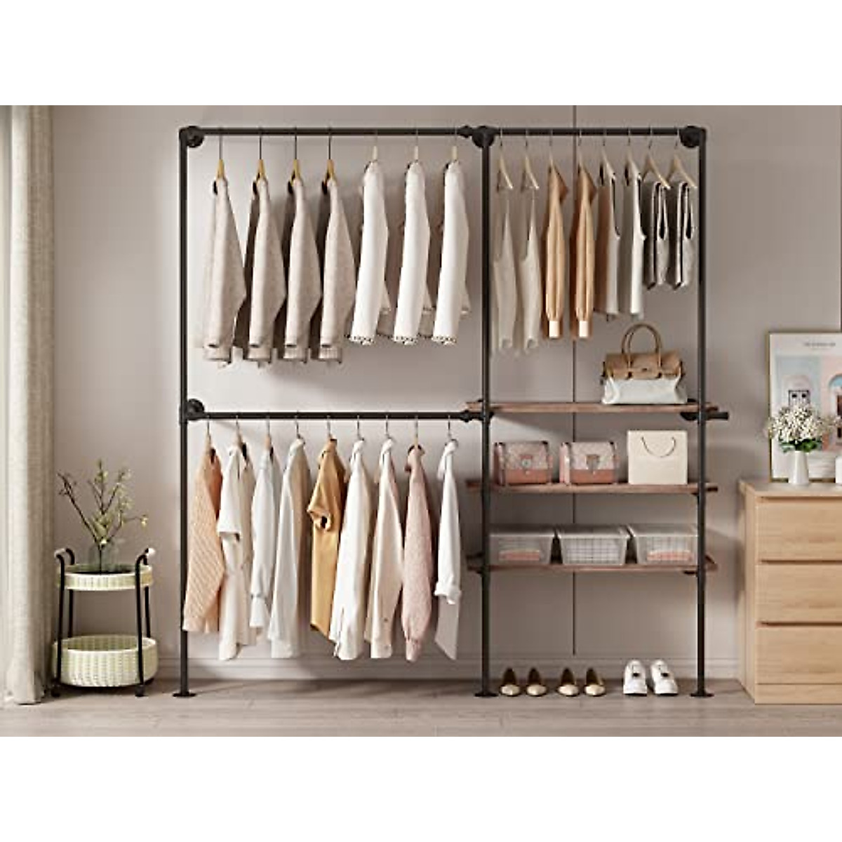 ONOTETUT Industrial Pipe Clothing Rack with Shelves,Industrial Clothing Rack for Hanging Clothes,75 Inch Wall Mounted Clothes Rack,Wall Clothes Rack,Industrial Pipe Clothes Rack With Wood Planks