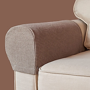 BAGASI Armrest Covers Spandex Stretch Fabric Waterproof Arm Caps Anti-Slip Furniture Protector Slipcovers for Armchairs Sofa Couches Recliner, Set of 2,Camel